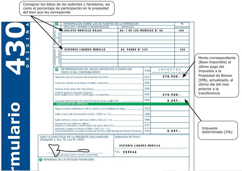 Formulario 430 Impuesto a la Transferencia de Inmuebles - 2025 - Bolivia Consulta